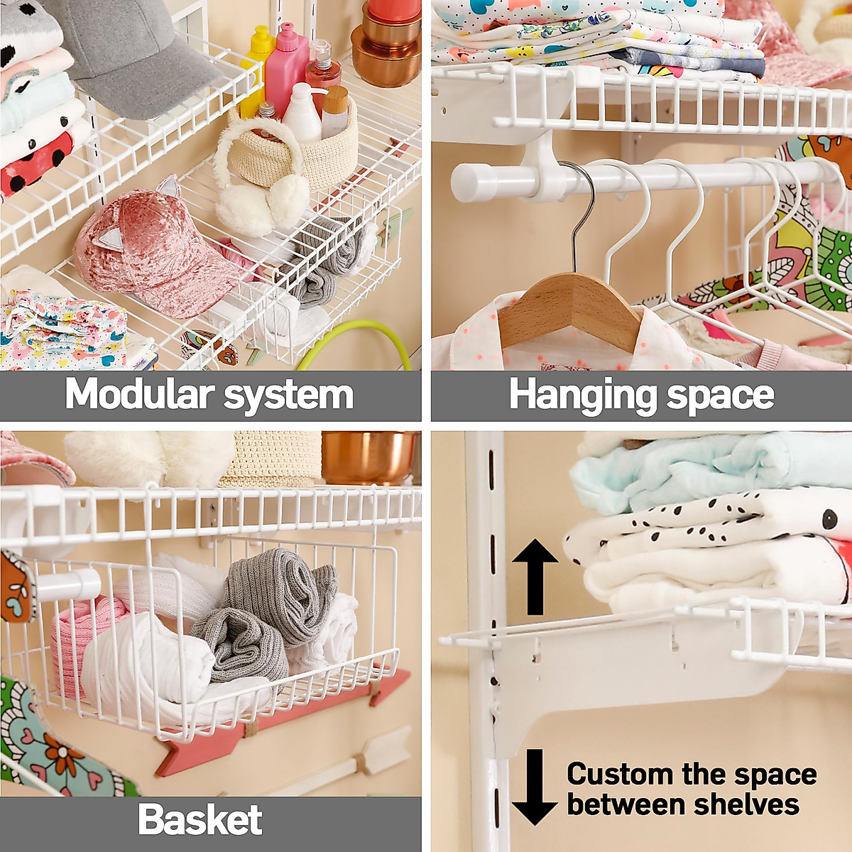 SOH DESIGN Adjustable White Wire Closet Shelf Kit, 3-5 FT Expandable Organizer System for Versatile Home Storage