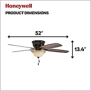 Honeywell Ceiling Fans Glen Alden, 52 Inch Classic Flush Mount Indoor LED Ceiling Fan with Light, Pull Chain, Quick-2-Hang Dual Finish Blades, Reversible Motor - 50517-01 (Oil Rubbed Bronze)