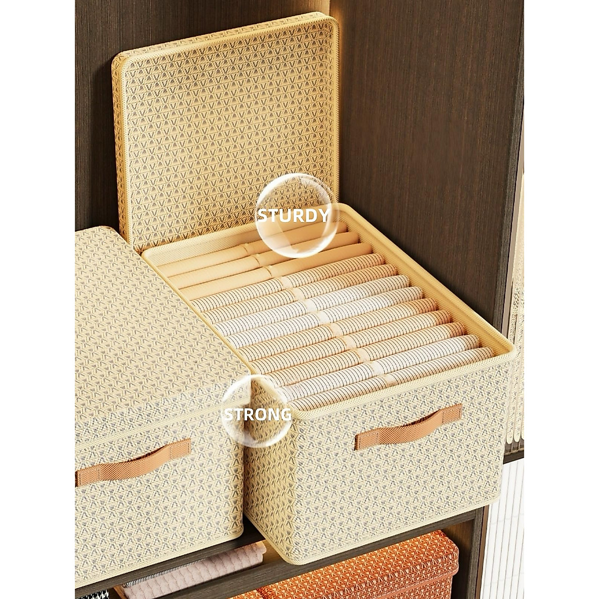 COAINNER Stackable Fabric Cube Storage Bins with Lids, 17-Inch Non-Woven Shelf Organizer Closet Storage Box for Clothes, Sweater, Blanket (Beige, Large)