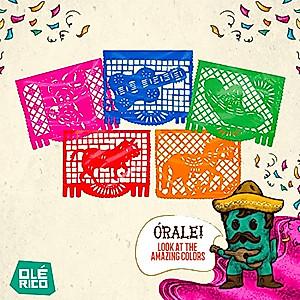 OLÉ RICO - Mariachi Banner, Plastic Papel Picado Banner, Mexican Party Banner, Mexican Themed Party Decorations, Fiesta Party Decorations, Authentic Mexican Decorations, 16 x 13 in 16 ft. Long, 10 Count (Pack of 10)