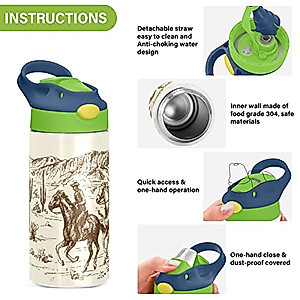 xigua West Cow Boy Kids Water Bottle,Vacuum Insulated Bottles with Straw Lid,Leakproof Stainless Steel Thermos Bottles for Girls and Boys