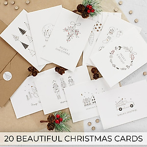 ZICOTO Beautiful Doodle Christmas Cards Set of 20 - Incl. Bulk Envelopes, Matching Stickers And Storage Box - Perfect to Send Warm Holiday Wishes to Friends and Family