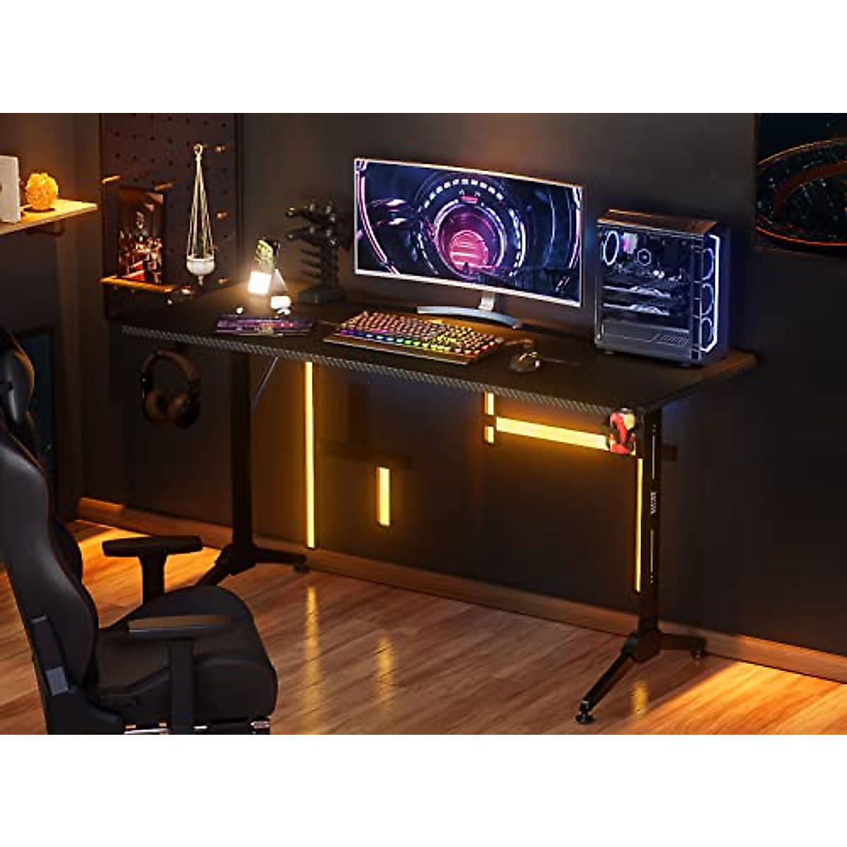 Furmax Gaming Desk T-Shaped Pc Computer Table with Carbon Fiber Surface Free Mouse Pad Home Office Desk Gamer Table Pro with Game Handle Rack Headphone Hook and Cup Holder (Black, 55 Inch)