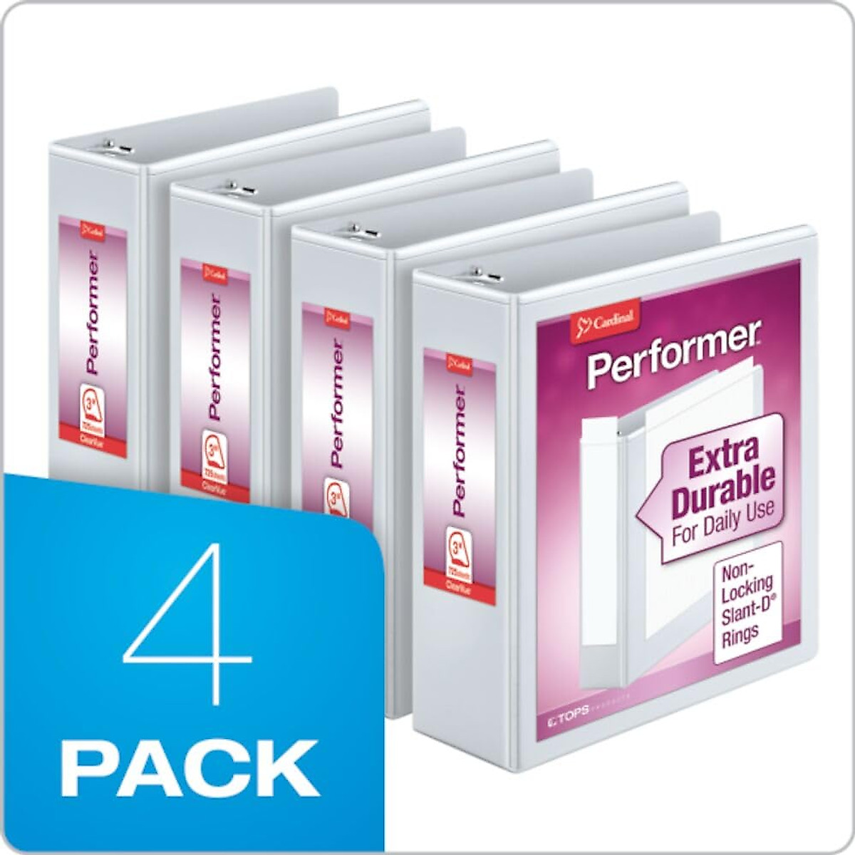 Cardinal Performer 3-Ring Binders, 3", Non-Locking Slant-D Rings, 725-Sheet Capacity, ClearVue Presentation, Non-Stick, PVC-Free, White, 4-Pack (27600)