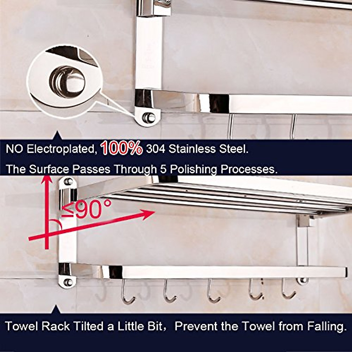 Candora Wall Mounted Shelf Towel Rack 100% 304 Stainless Steel Towel Shelf Towel Holder with 9 Hooks (24in/60cm, A #)