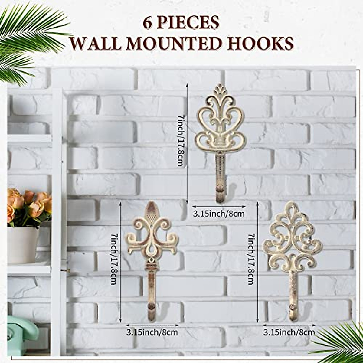 6 Pieces Shabby Chic Cast Iron Decorative Wall Mounted Hooks Retro Hanging Hooks Rustic Wall White Bathroom Towel Hooks with Screws and Anchors for Hanging Coat Towel, 3.15 x 7 Inch