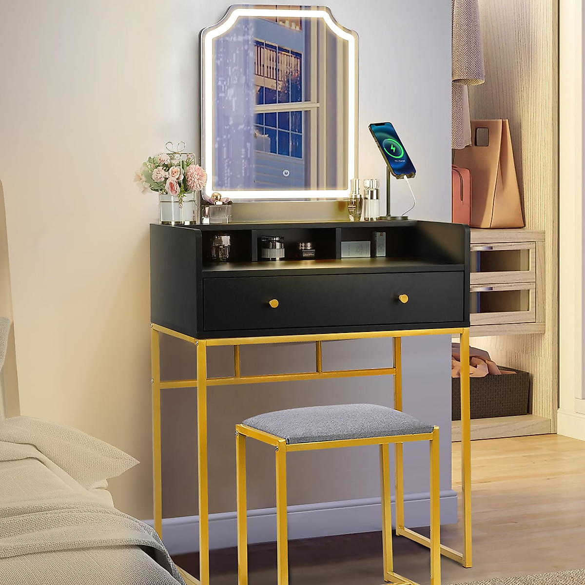 VOWNER Makeup Vanity Desk with Lighted Mirror, 3 Color Dimmable Vanity Table Set for Bedroom with Power Outlet, Drawer & Cushioned Stool, Black, VOWNER-172