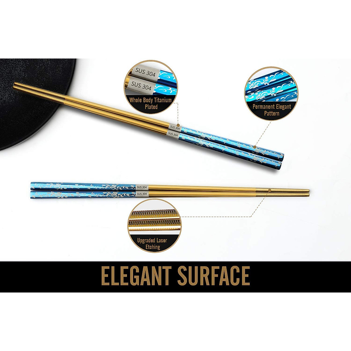 Metal Chopsticks Titanium Plated Stainless Steel Chopsticks Reusable Dishwasher safe Japanese Korean Chopstick lightweight Anti-slip Chop sticks 2 Pairs Blue Gold and 2 Pairs Black Gold Bundle Set