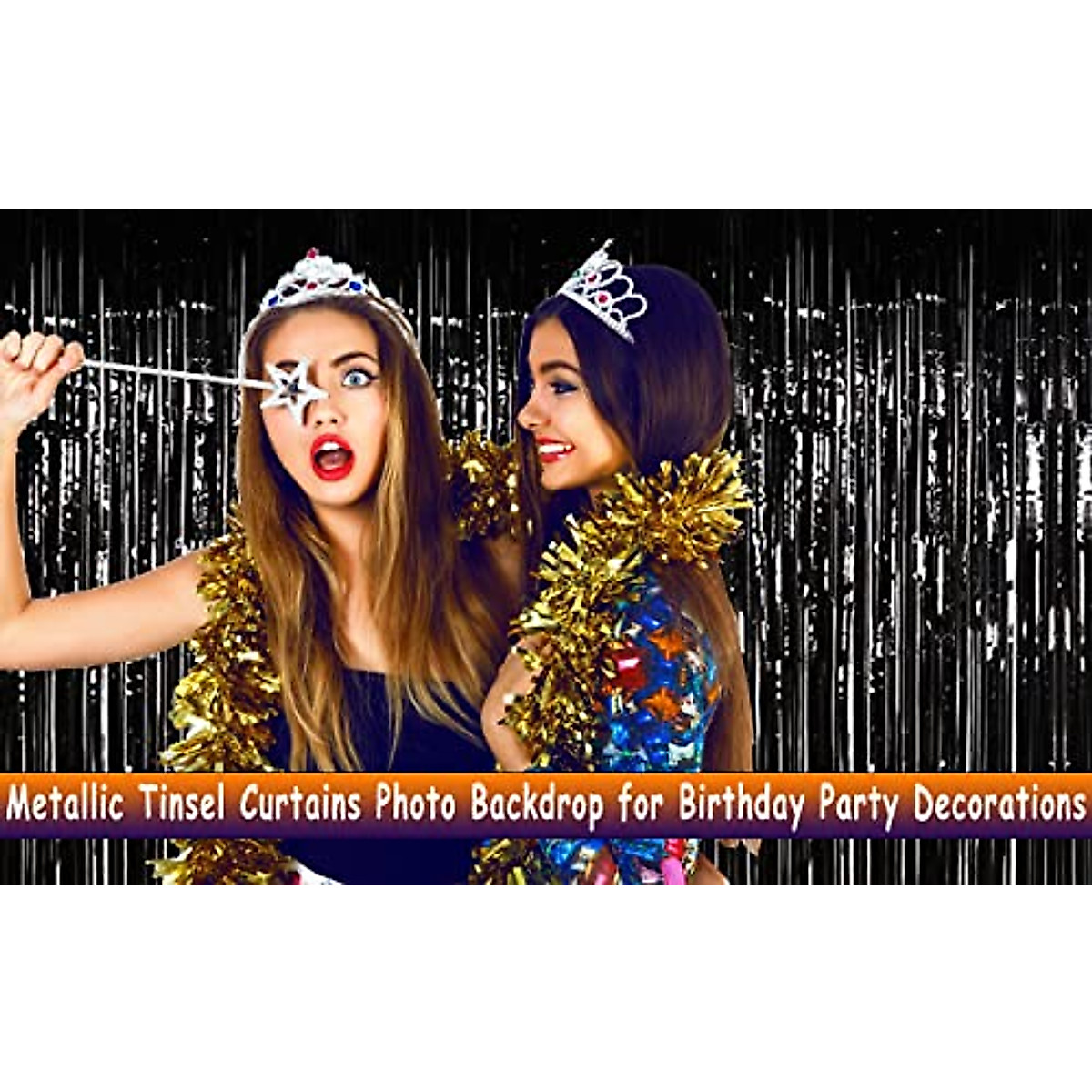 Muhome Black Foil Fringe Curtain, 2PCS 3.28FT x 8.2FT Tinsel Door Curtains & 1 Masking Tape Black Fringe Backdrop for Wedding Birthday Baby Shower Bachelorette Party Decorations