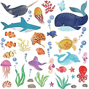 Watercolor Ocean Creatures/Under The Sea Fish Wall Decor/Peel & Stick Wall Art Stickers Decals for Kids Room/Nursery/Living Room/Playroom/Classroom