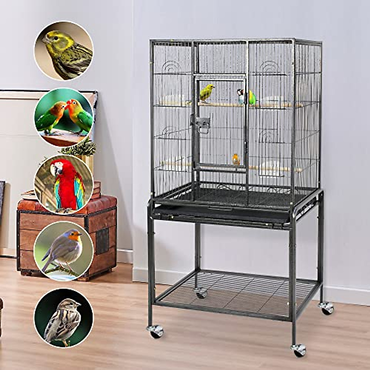 Epetlover 53 Inch Height Wrought Iron Standing Parrot Large Flight Bird Cage with Rolling Stand Birdcages for Parakeet Cockatiel Conure Lovebird Finch Black