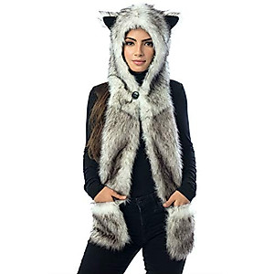 White Wolf Hood Faux Fur Hat with scarfs mittens & paws 3 in 1 by Hatbutik