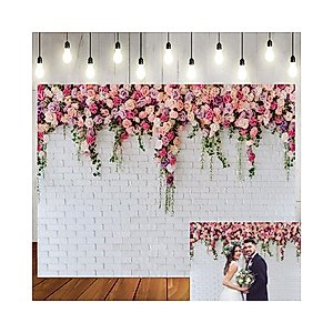 LTLYH 8x6ft White Brick Wall Flowers Backdrop Valentine's Day Theme Photography Backdrop Mother's Day Wedding Bridal Baby Shower Birthday Party Decor Banner 134