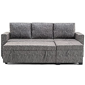 GLORHOME L Shape Storage Bed Pull Out Sleeper Sectional Couch with Upholstered with Nail Head Trim, 3-Seater Sofa for Living Room Furniture Set, Gray