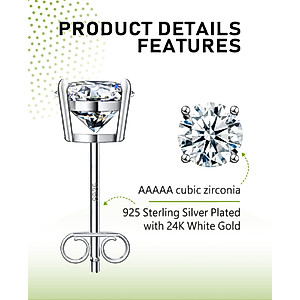 Stud Earrings for Women Men, COMOSO 1.6CT TW-6mm 5A Diamond Cubic Zirconia Round Cut Lab Created Diamond 18K White Gold Plated S925 Sterling Silver Earrings Promise Birthday Christmas Gift