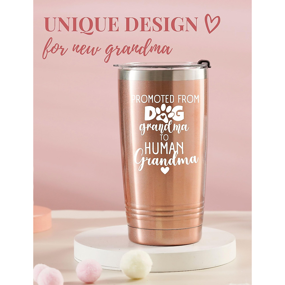 Onebttl Grandma Gifts, Insulated Stainless Steel Wine Tumbler with Lid and Straw, Gifts for New Grandma on Mother’s Day, 20 oz, Rose gold, Promoted from Dog Grandma to Human Grandma