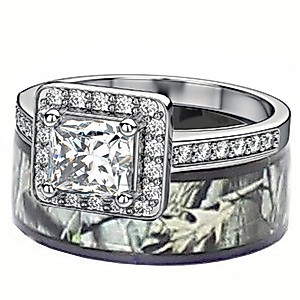 His & Her Black Titanium Camo Sterling Silver Engagement Wedding Ring Set (Size Men 7; Women 7)