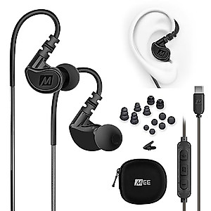 MEE audio M6 Sport USB-C Wired Earbuds with Memory Wire Earhooks, Headset with Mic & 3-Button Remote for iPhone 15, iPad, Other USB Type C Devices; in Ear Headphones for Running/Gym/Workouts, Black