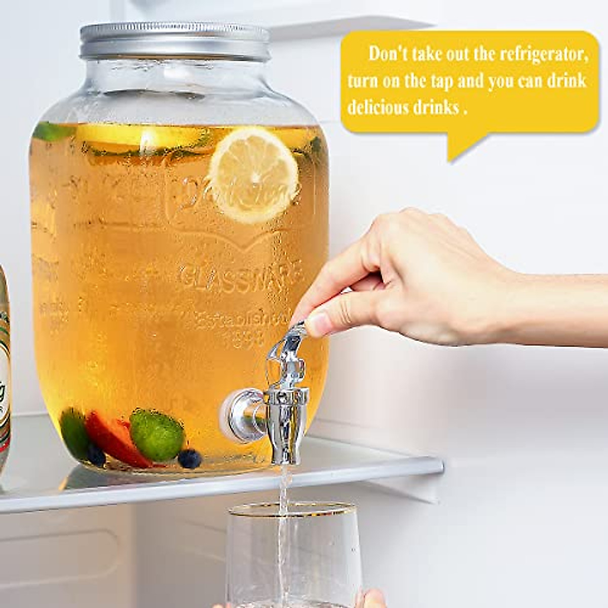 Berglander Glass Beverage Dispenser, 1 Gallon Drink Dispenser for Parties with Leak-proof Faucet, Convenient Wide Mouth And Stainless Steel Lid Seals Securely to Keep Your Beverages Fresh