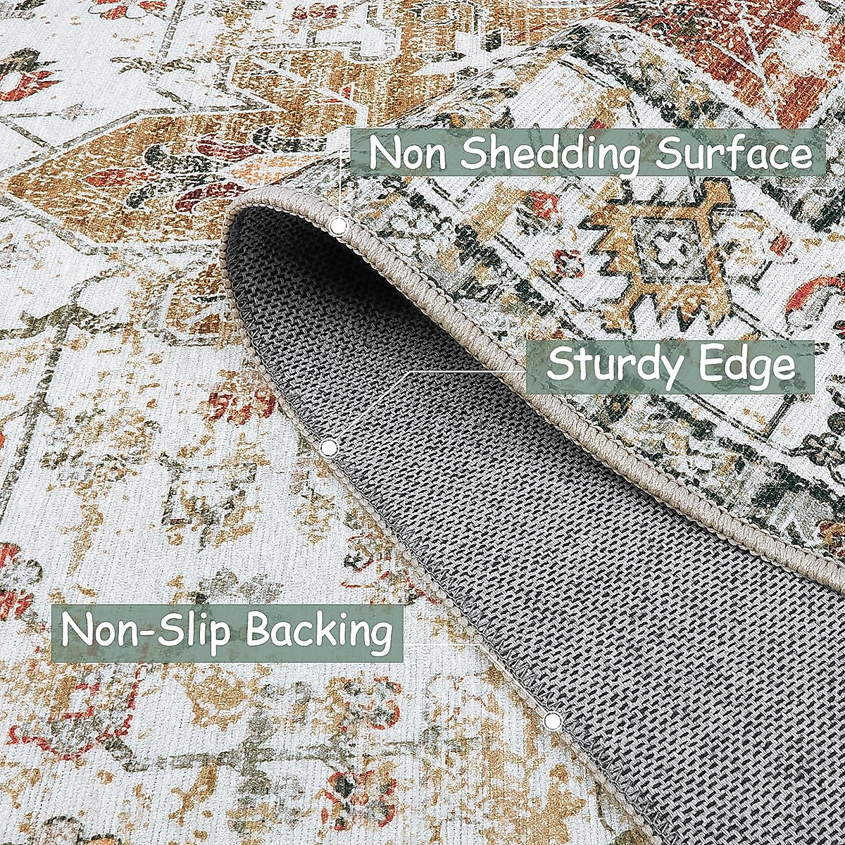 Moynesa Ultra-Thin Washable Area Rug - 5x7 Rugs for Living Room Washable Rugs for Bedroom Soft Office Mat, Printed Low Pile Accent Dining Room Carpet for Basement Nursery Playroom, Beige/Gold