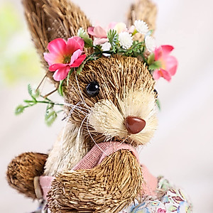 YIREAUD 1 Pcs Easter Straw Rabbit Easter Bunny Figurine Decoration Easter Bunny Statue Artificial Animal Model Sculpture Standing Straw Woven Bunny Ornament for Home Garden Spring Decor