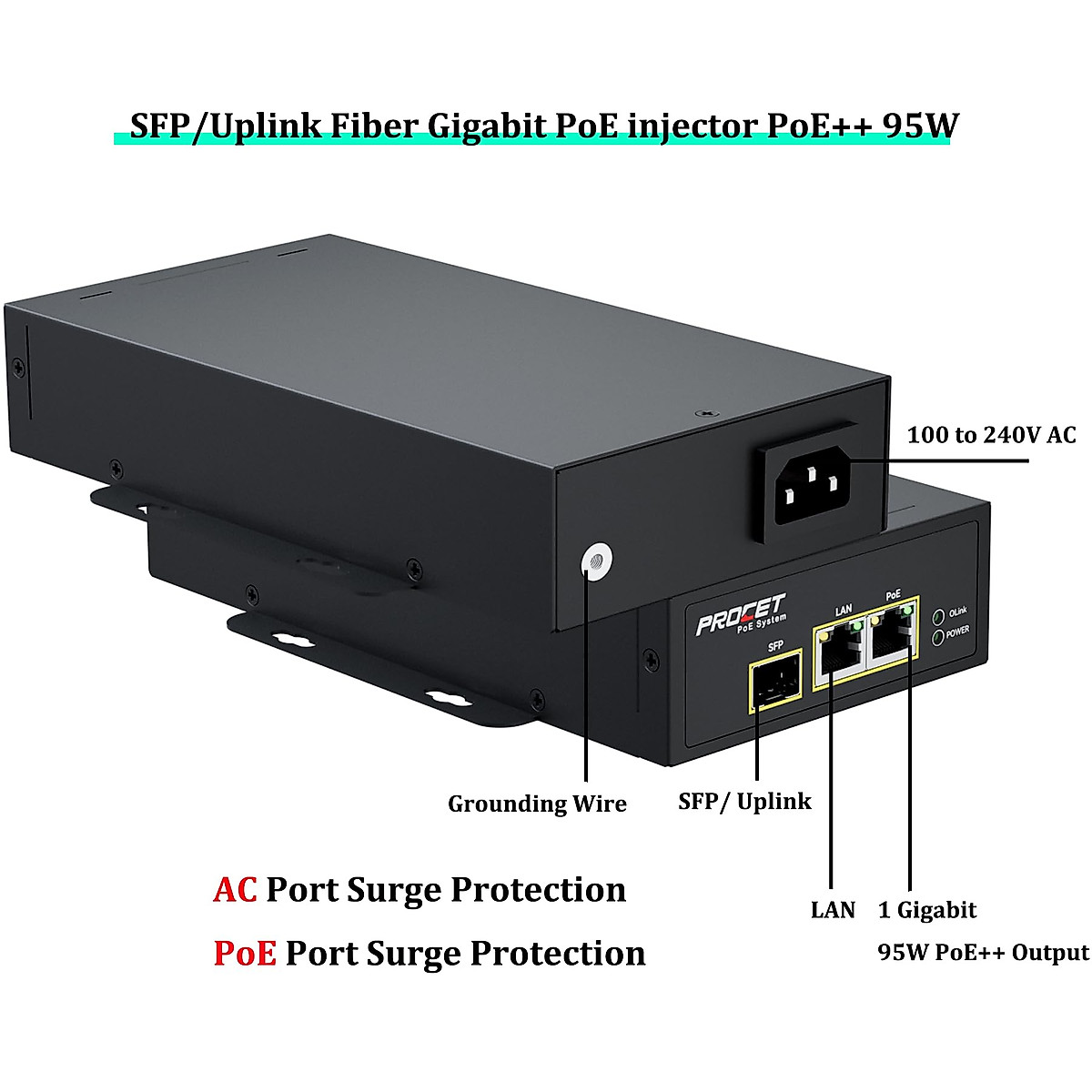 PROCET SFP Fiber PoE Injector SFP/Uplink PoE++ 95W Industrial PoE Power Supply, Gigabit IEEE802.3bt/ PoE++ Fiber Optic PoE Power Injector, Wide Temp -40℉ to 149℉, PT-PSE109GBRO-A-S