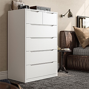 EnHomee Dresser, Dresser for Bedroom, White Dresser with 6 Wood Large Drawers, Dressers & Chests of Drawers with Large Organizer, Tall dresser with Smooth Metal Rail, White
