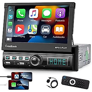 Single Din Flip Out Touch Screen Car Stereo with Apple Carplay and Android Auto, 1 Din Radio Support Bluetooth Mirror Link Remote Control USB TF Card FM Radio Microphone