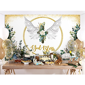 Remagr God Bless Backdrop First Communion Baptism Christening Party Decorations Banner Green Leaves Newborn Baby Shower Photography Background Favors Supplies Photo Booth, 71 x 43 in, One Size