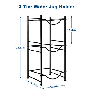 smusei 5 Gallon Water Bottle Jug Holder 3 Tier Heavy Duty Cooler Jug Storage Rack Detachable Bottle Organizer Shelf for Home Kitchen Office Space Save, Black