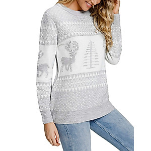 LookbookStore Women's Grey Long Sleeves Ugly Christmas Tree Reindeer Winter Holiday Knit Sweater Pullover Size S 4 6