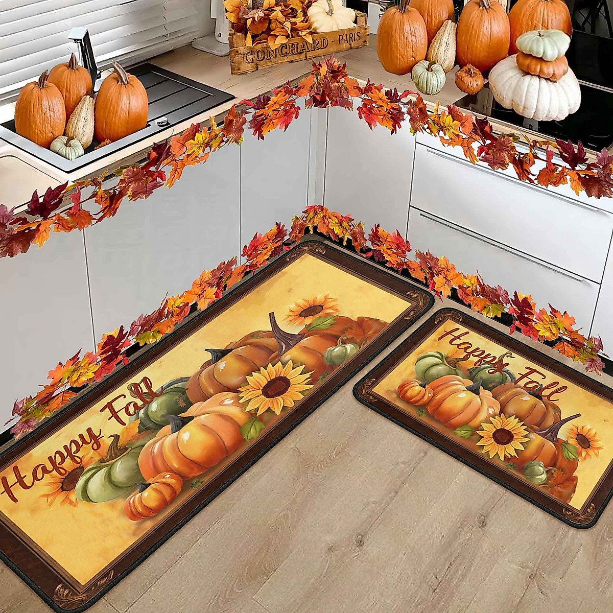 Happy Fall Pumpkin Decorative Kitchen Rugs Set of 2,Non Skid Washable, Home Seasonal Fall Holiday Party Autumn Harvest Thanksgiving Kitchen Mat 17"x47"+17"x30"