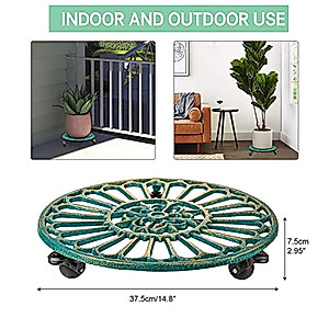Sungmor Cast Iron Plant Caddy with Wheels, 2PC 14.8" Large & Heavy-duty Rolling Plant Stands, Pretty Garden Pots Tall Planter Dolly, Round Flower Pot Mover Metal Plant Pallet Trolley Tray with Casters