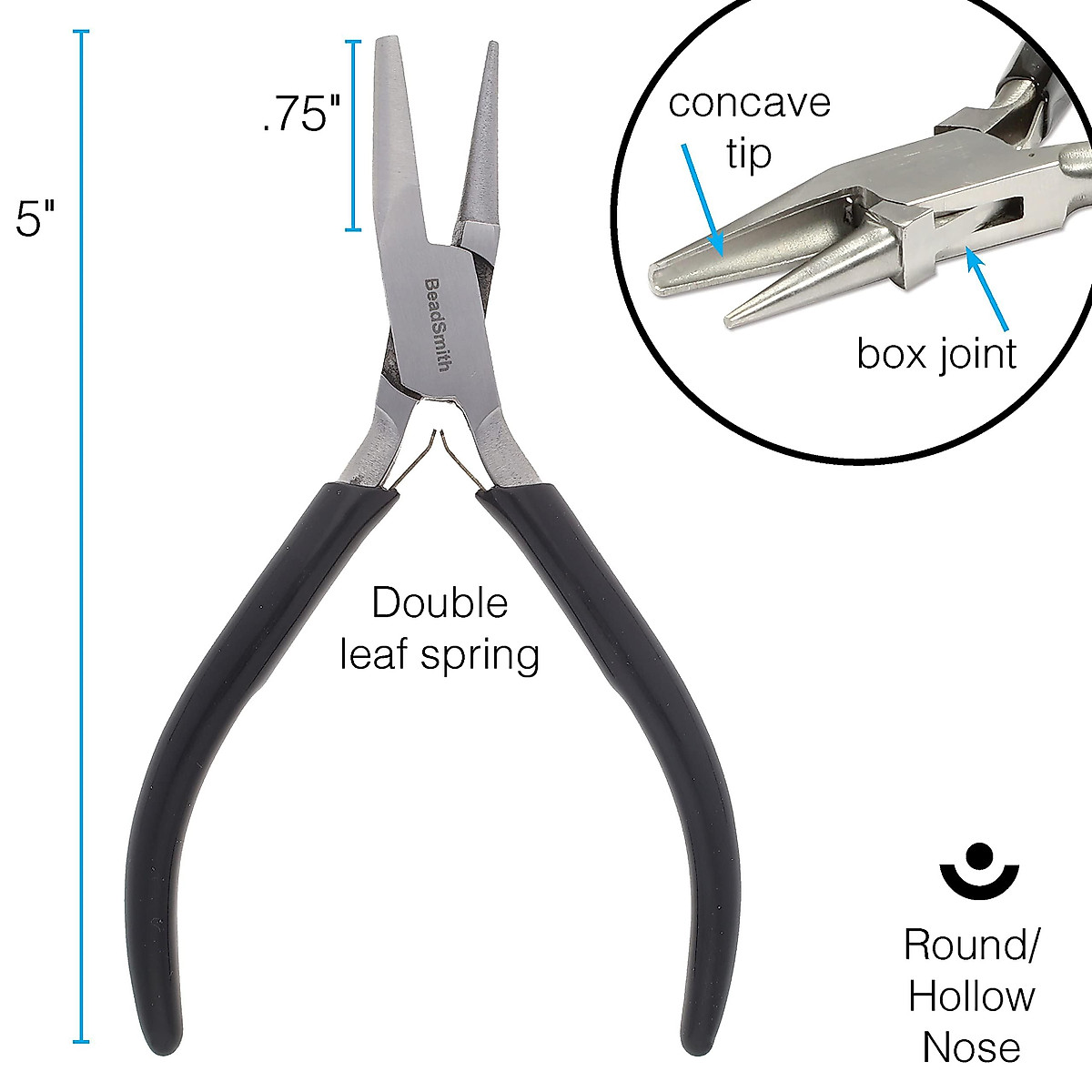 The Beadsmith Concave (Hollow)/Round Nose Piers – Wire Looping and Wire Bending Plier – 5 inches (127mm) – Steel Head & Double Leaf Springs – European Design & Quality – Tool for Jewelry Making
