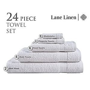 LANE LINEN White Bath Towels for Bathroom Set-24 PC Bathroom Oversize 2 Sheets Large 4 Towel 6 Hand 8 Washcloths Fingertip Towels-White Towels Sets