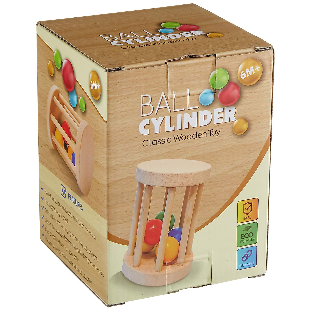 Montessori Ball Cylinder Rolling Drum - Wooden Rattle Rolling Toy - Crawling Toy for Babies 6-12 Months