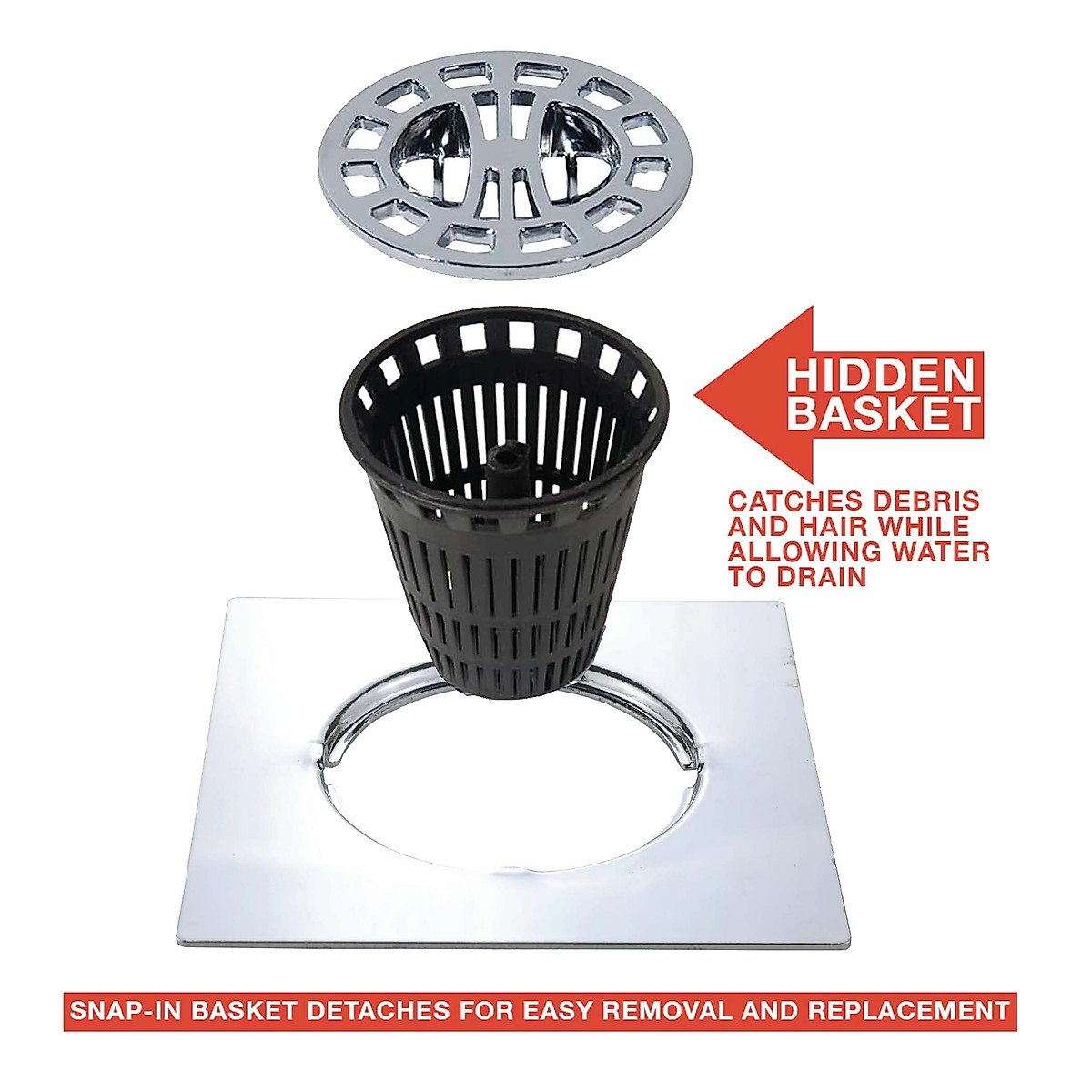 Danco Square Shower Drain Hair Catcher for Stand-Alone Shower Drain, 4-1/4 in. Shower Drain Cover, Shower Drain Protector, Chrome (11015)
