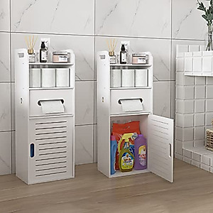 Wider Small TP Toilet Paper Storage Cabinet, Slim Bathroom Corner Storage Cabinet with Door and Tissue Dispenser, Waterproof and Durable, Freestanding, (White, Wider with Removable TP Roller)