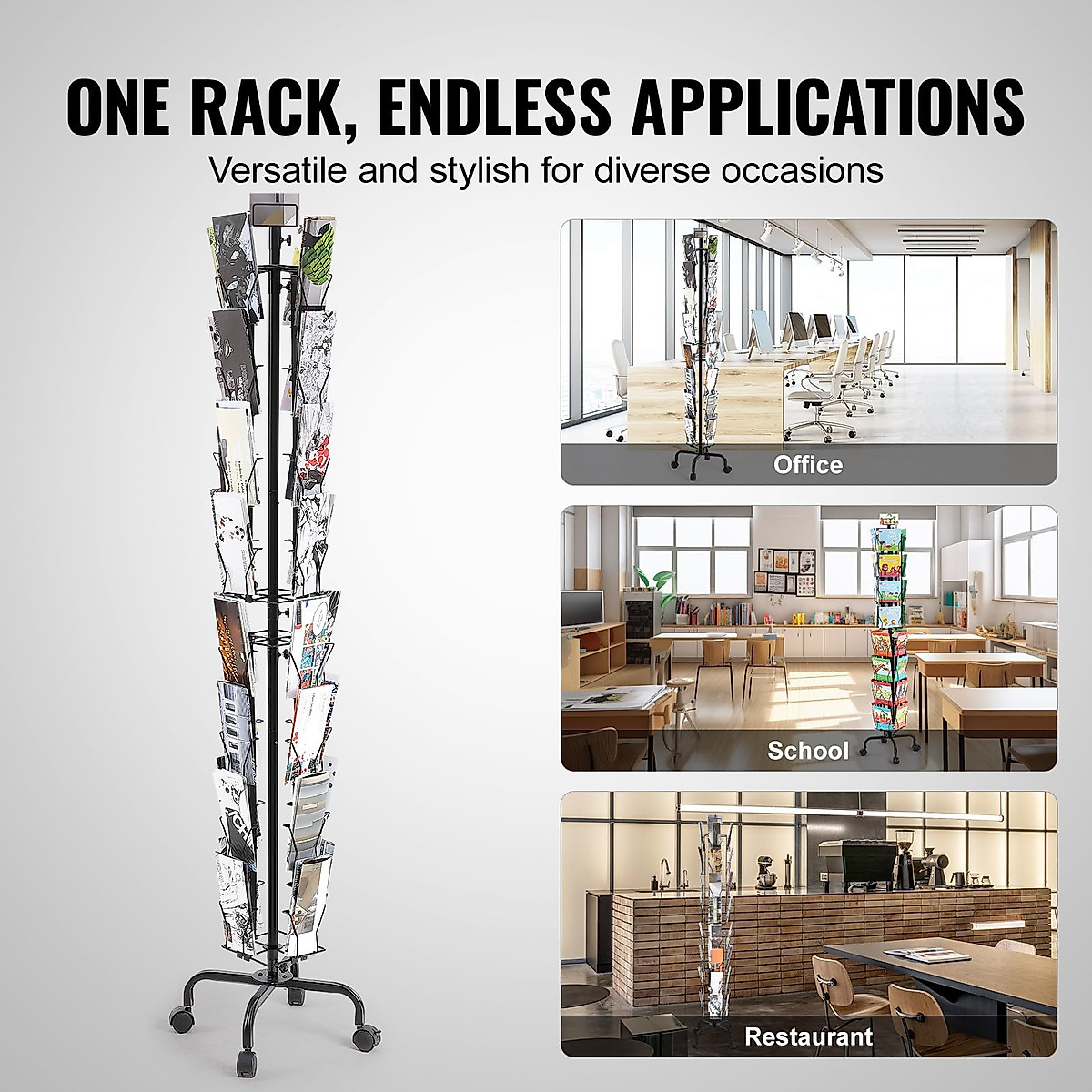 VEVOR Greeting Cards Display Rack, 32 Pockets Rotating Postcard Brochure Display Stand, 360° Spinning Card Display Rack with Sign Holder & 4 Wheels (2 Lockable) for Exhibitions Office Trade Show