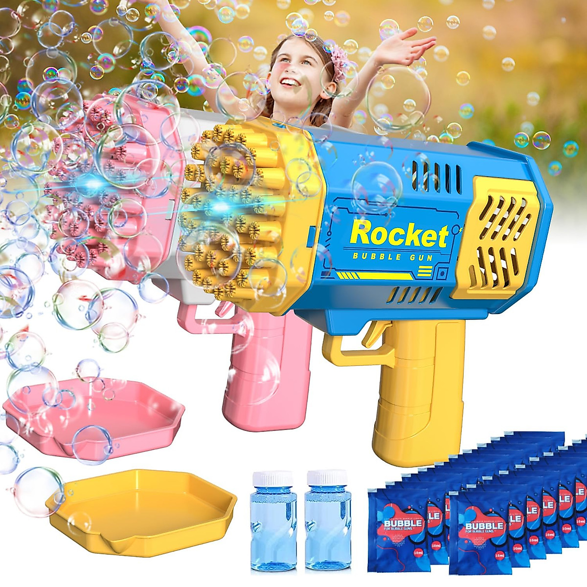 2 Pack Bubble Machine Gun for Kids, 40 Holes Rocket Bubble Maker with Light, Bubble Blaster Bubble Blower Toys Party Favor Graduation Outdoor Activity for Kids Age 3 4 5 6 7 8