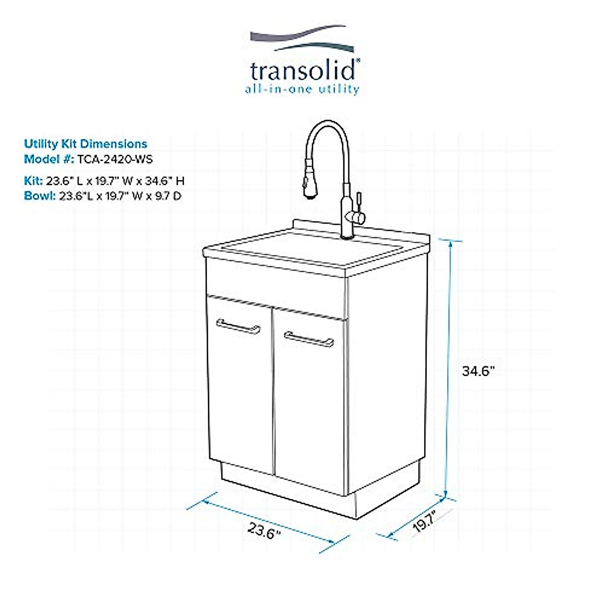 Transolid TCAB-2420-WS 24-in Laundry Cabinet Sink, Stainless Steel High Arc Faucet, and Basket, White