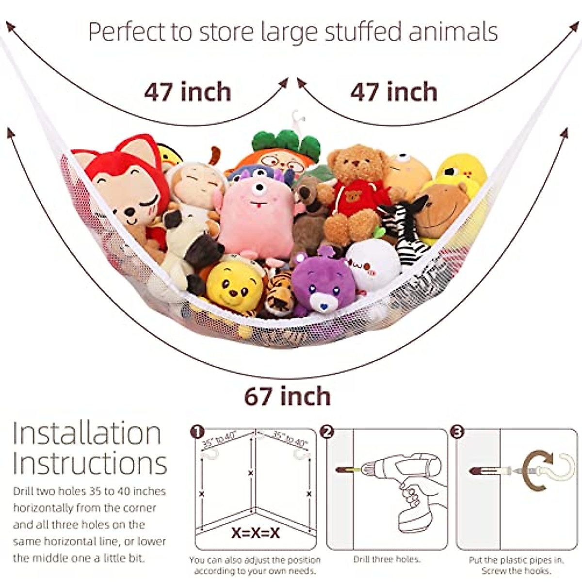 Gulisanto Stuffed Animal Net Hammock, 2 Pack, 67'' Kids Room Organizers Storage ideas for Plush Toys, Corner Wall Hanging Mesh Net for Babies Nursery