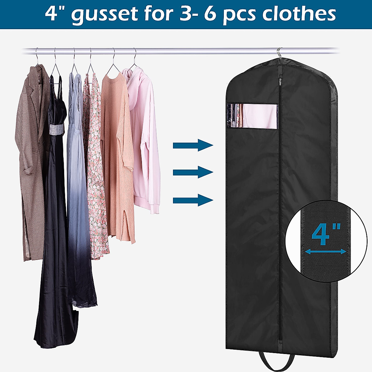 MISSLO 65" Gusseted Hanging Garment Bags for Travel Long Dress Cover Water Resistant Sturdy Fabric Dress Bags for Gowns Long Closet Clothes Protectors, Black