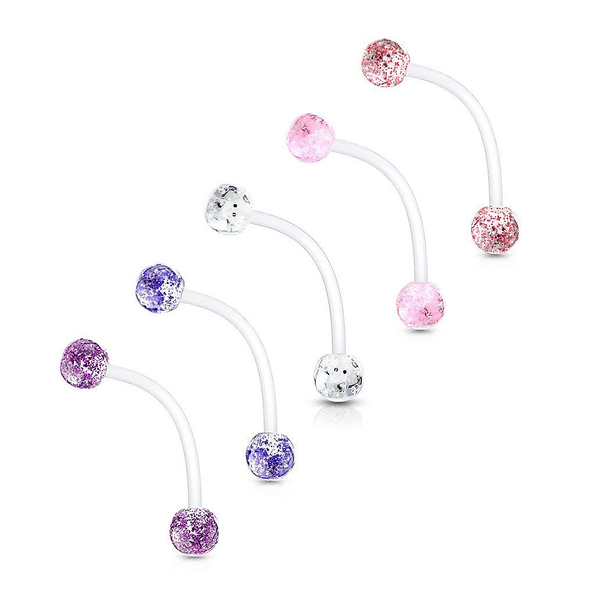 Forbidden Body Jewelry 1" 14G Flexible Bioflex Pregnancy Belly Ring with 6mm Glitter Balls, 5pc Clear/Blue/Pink/Purple/Red