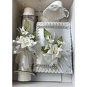 OOKi- Flower Cross Baptism Candle Set Kit for Christenings with Shell - Spanish (White)