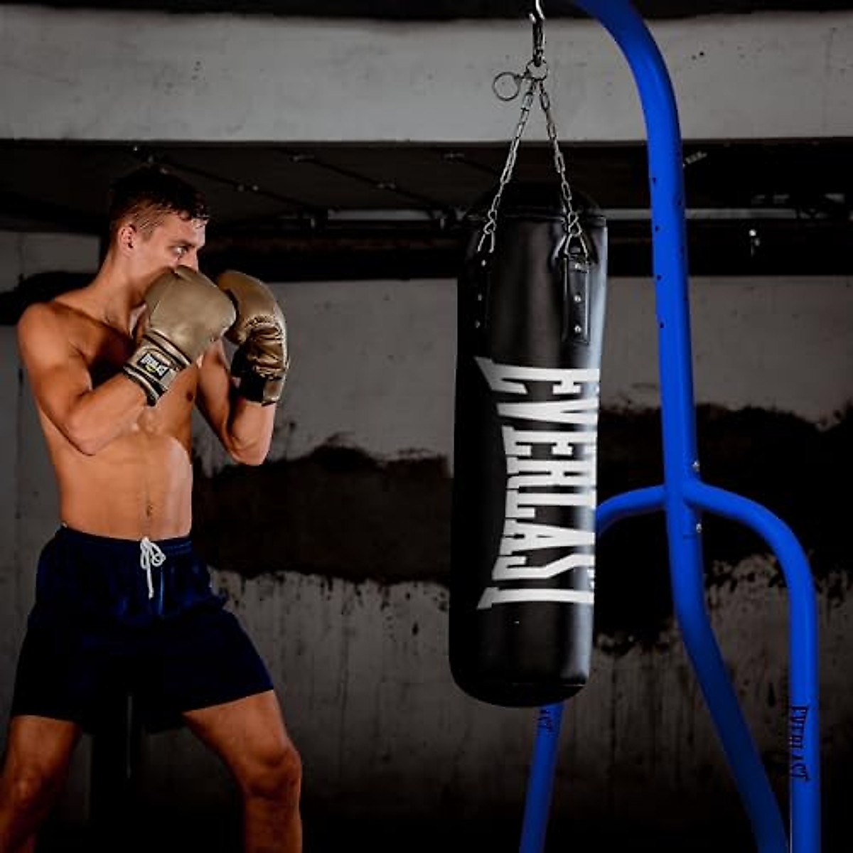 Everlast 100 Pound Capacity Punching Bag Stand Workout Equipment for Kickboxing, Boxing, and MMA Training with 3 Plate Pegs, Blue