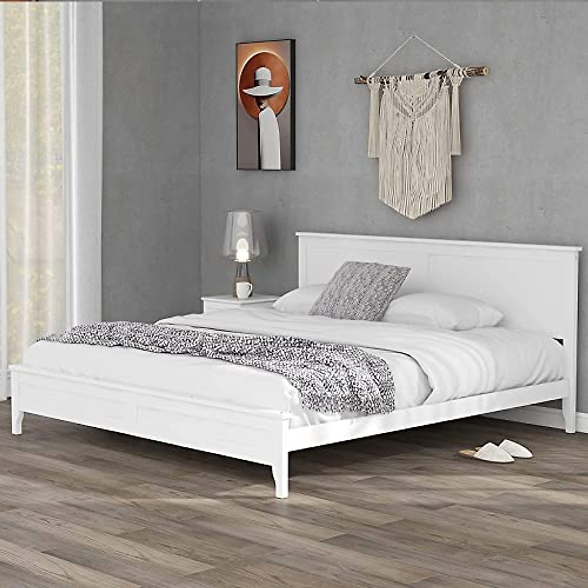 MERITLINE King Size Platform Bed Frame with Headboard/Solid Wood Foundation with Wood Slat Support/No Box Spring Needed/Easy Assembly, Rustic Pine (King, White)