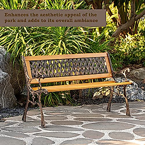 Gardenised QI003462L Outdoor Classical Wooden Slated Park, Steel Frame Seating Bench for Yard, Patio, Garden, Balcony, and Deck, Brown