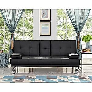Naomi Home Black Futon Sofa Bed, Faux Leather Futon Couch with Armrest and 2 Cupholders, Pull Out Sofa Bed Couch with Metal Legs, Reclining Small Couch Bed, Black Couches for Living Room