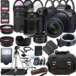 Canon EOS R7 Mirrorless Digital Camera with RF-S 18-150mm f/3.5-6.3 is STM Lens + 75-300mm F/4-5.6 III Lens + 50mm f/1.8 STM Lens + 128GB Memory + Case + Tripod + Filters (43pc Bundle) (Renewed)